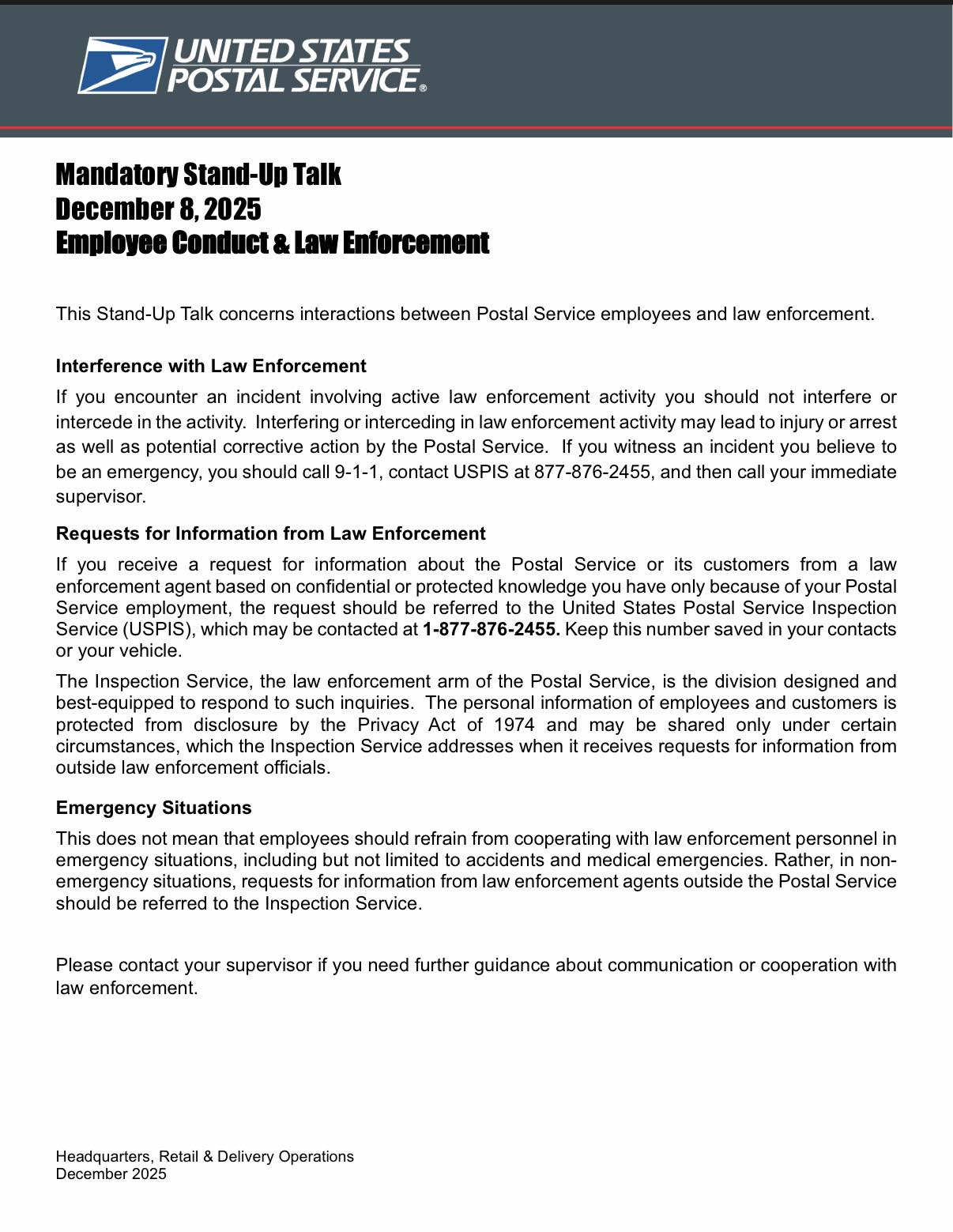 USPS Stand Up Talk on Employee Conduct and Law Enforcement | Ruralinfo.net
